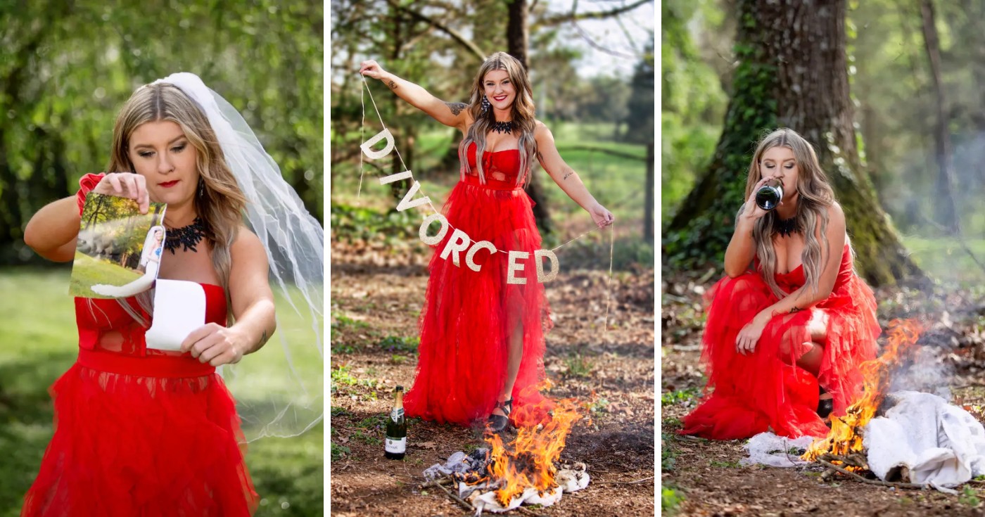 Influencer queima vestido de noiva em ensaio controverso de divorciada ...