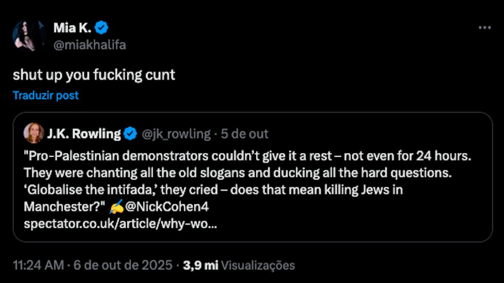 Mia Khalifa se revolta com post e xinga J. K. Rowling, autora de 'Harry ...