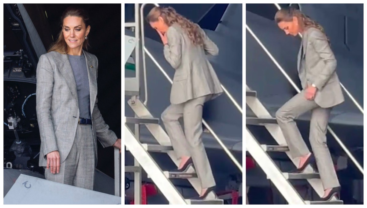 Kate Middleton desce escadinha de jato de guerra de costas, com salto ...