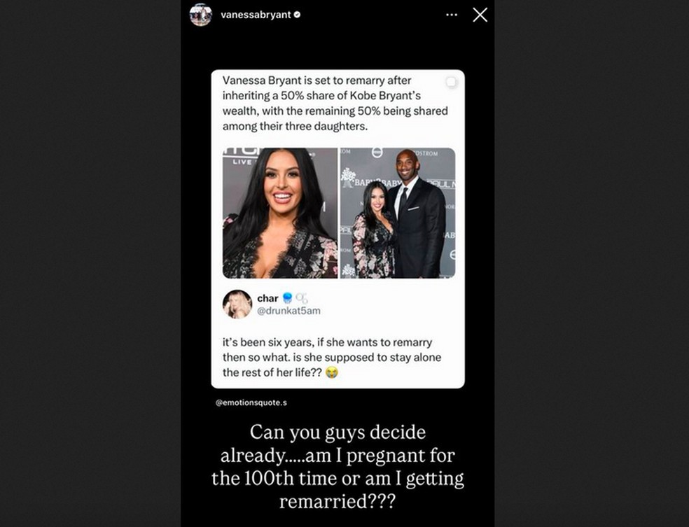 Viúva de Kobe Bryant reage a rumores sobre gravidez e novo casamento