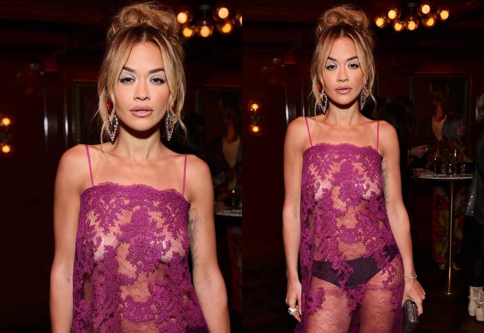 Rita Ora ousa com vestido de renda transparente em evento ao lado do ...