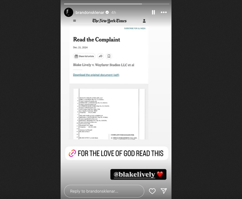 Ator de 'É Assim que Acaba' posta acusações de Blake Lively contra ...
